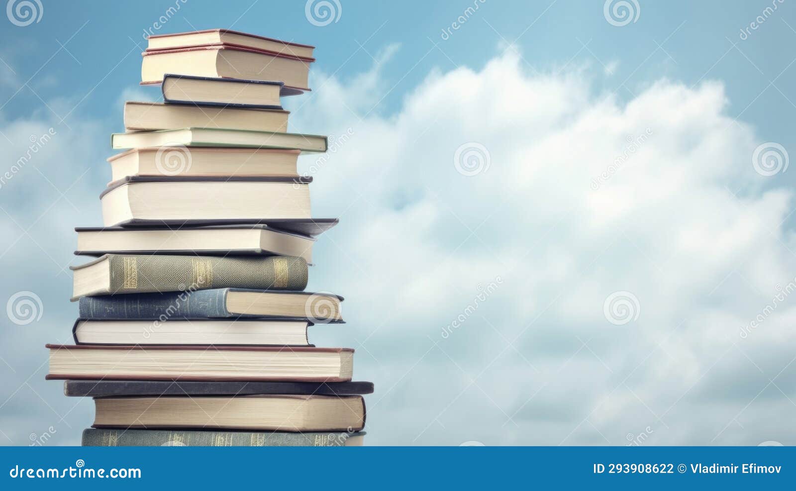 High Stack of Books Against a Cloudy Sky Background. Education ...