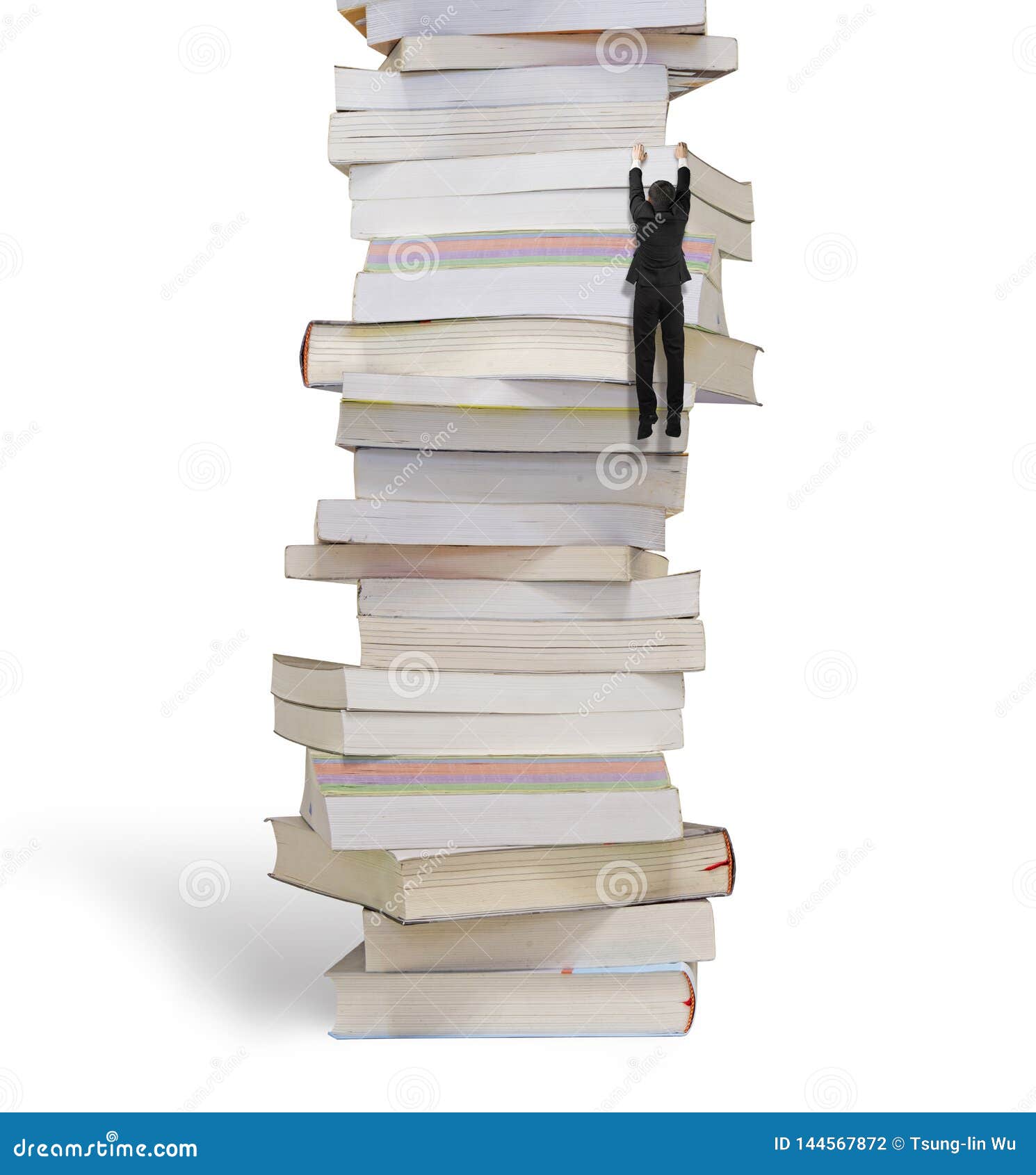 High Stack of Books with Climbing Businessman Hang on it Stock Photo ...
