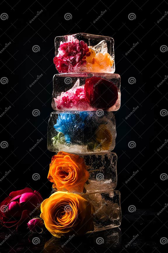 High Stack of Different Ice Cubes with Flowers Inside on a Black ...