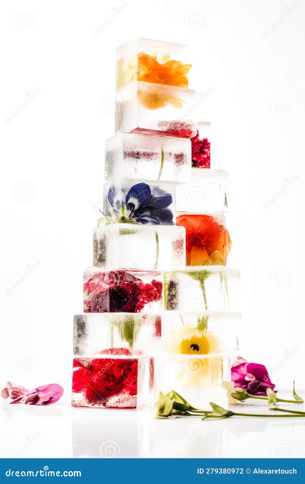 High Stack of Different Ice Cubes with Flowers Inside on a White ...