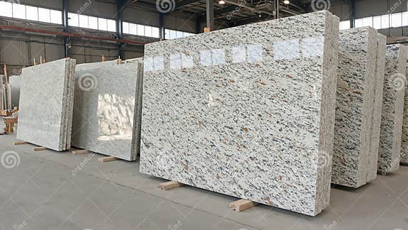 High Stack of Granite Slabs in Stone Processing Facility with Soft ...