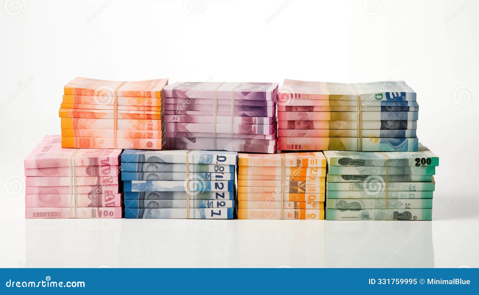 High Stacks of Colorful Banknotes in Different Denominations on White ...