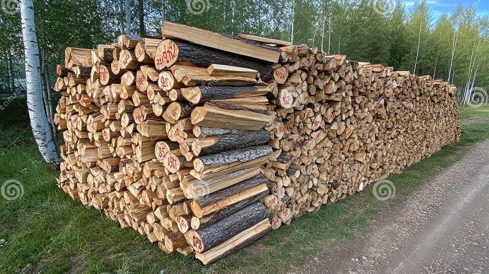 High Stacks of Tree Trunks Line a Small Path, Creating a Peaceful ...