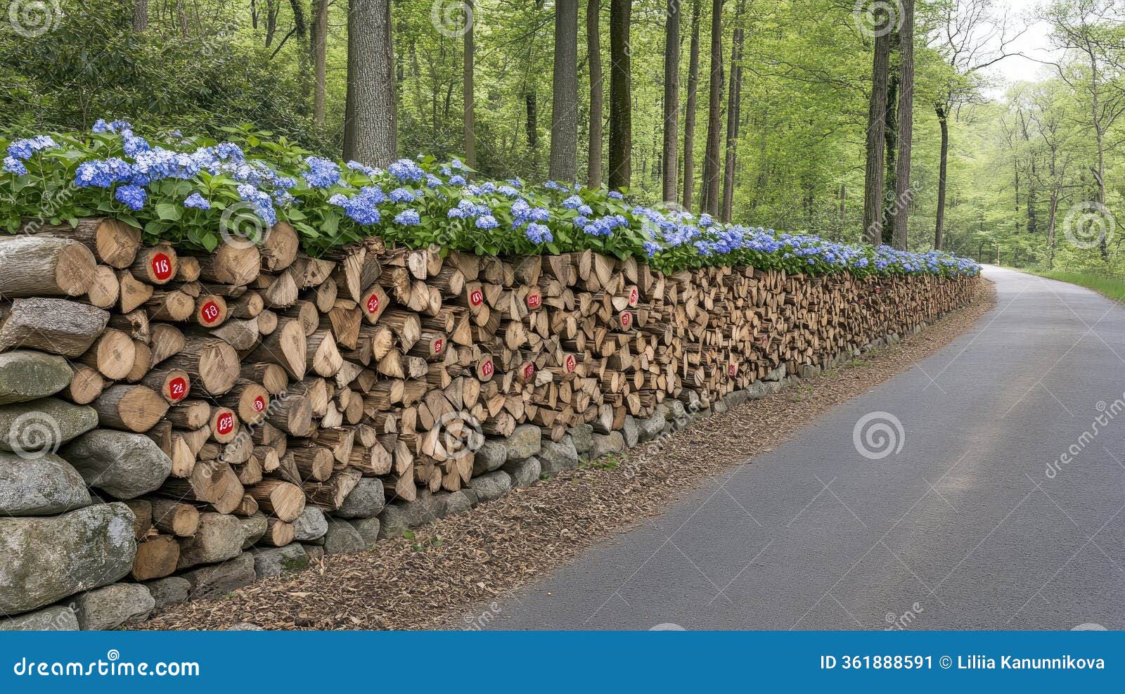High Stacks of Tree Trunks Line a Small Path, Creating a Peaceful ...
