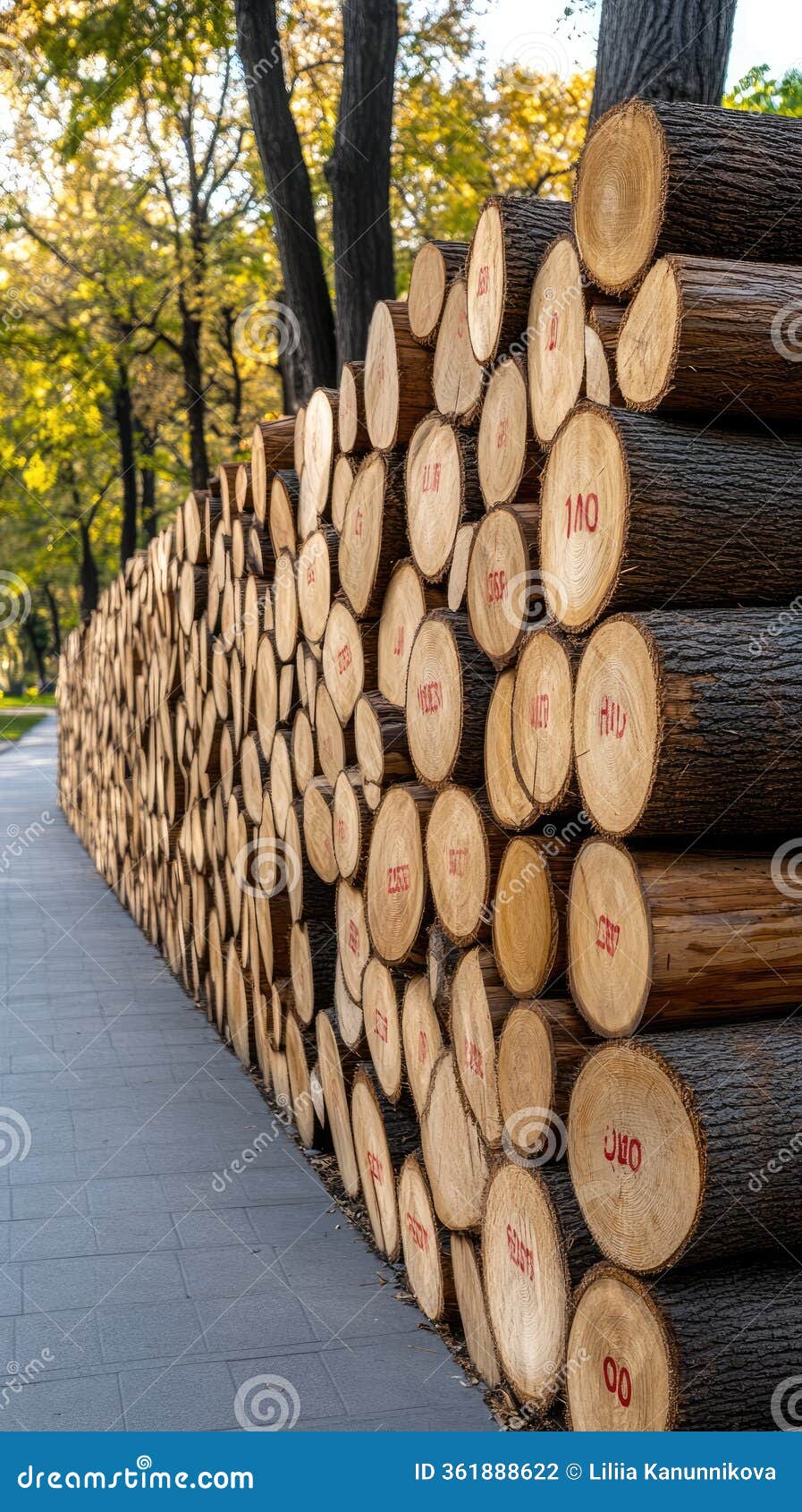 High Stacks of Tree Trunks Line a Small Path, Creating a Peaceful ...