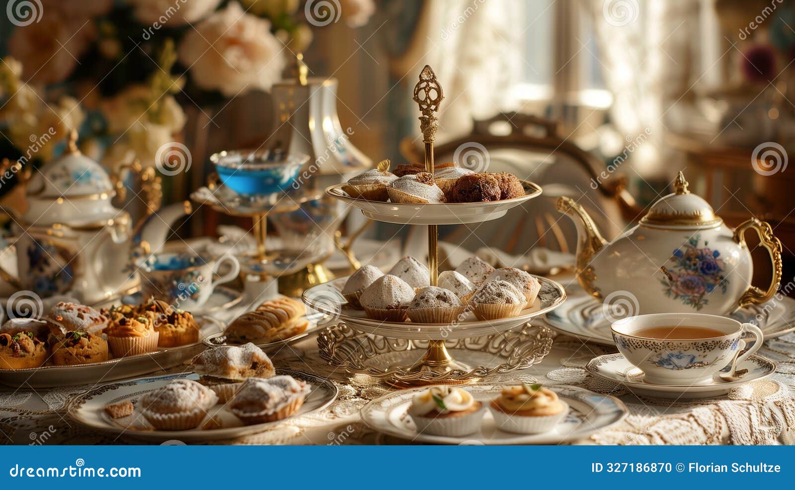 High Tea Setup with Delicate Pastries and Fine China Stock Illustration ...