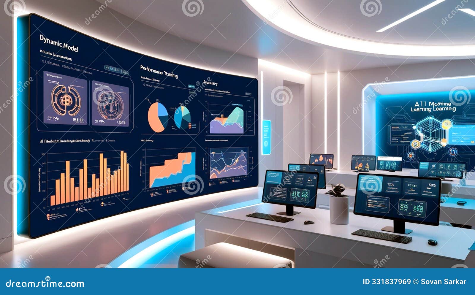 High-Tech AI Training Room, Dynamic Model Data, Performance Graphs, and ...