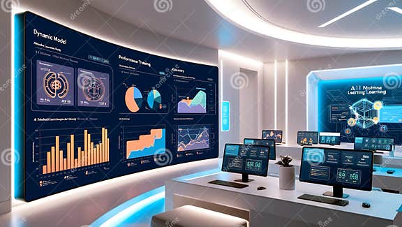 High-Tech AI Training Room, Dynamic Model Data, Performance Graphs, and ...