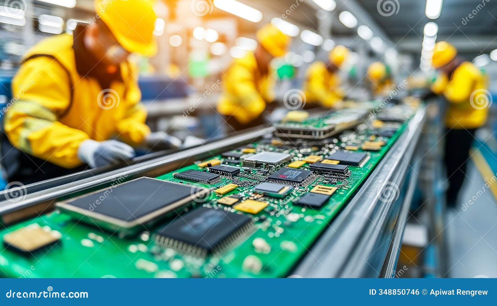 High Tech Assembly Line with Workers in Yellow Jackets Handling Circuit ...