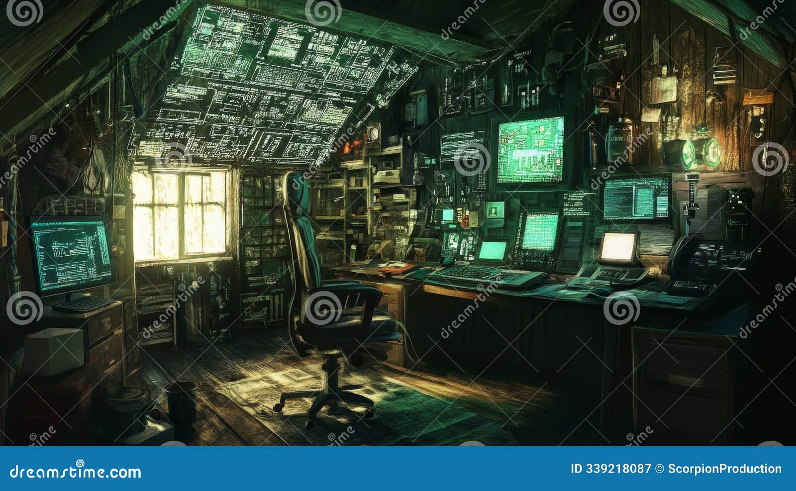 High-tech Attic Workspace with Digital Screens and Futuristic Design ...