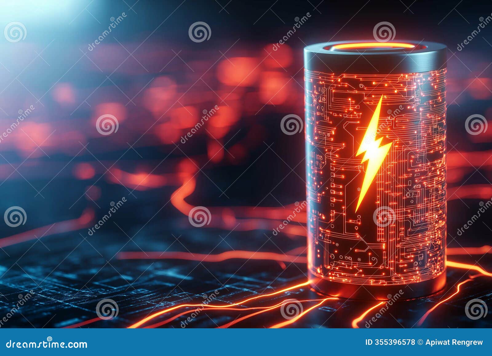 High Tech Battery with Glowing Lightning Bolts and Circuit Patterns ...