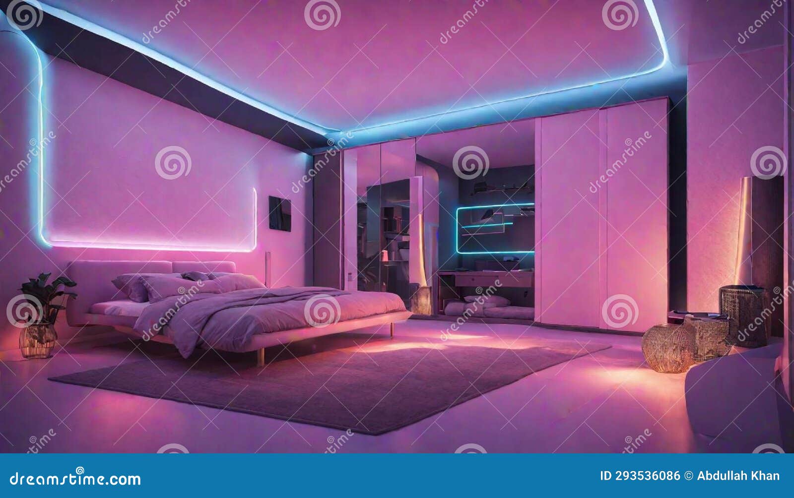 A High-tech Bedroom with Neon Lights Controlled by a Smartphone Stock ...