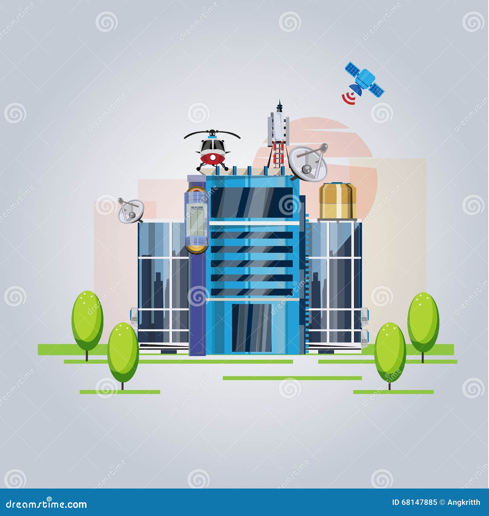 High Tech Building. Future Concept with Satellite System - Vector Stock ...