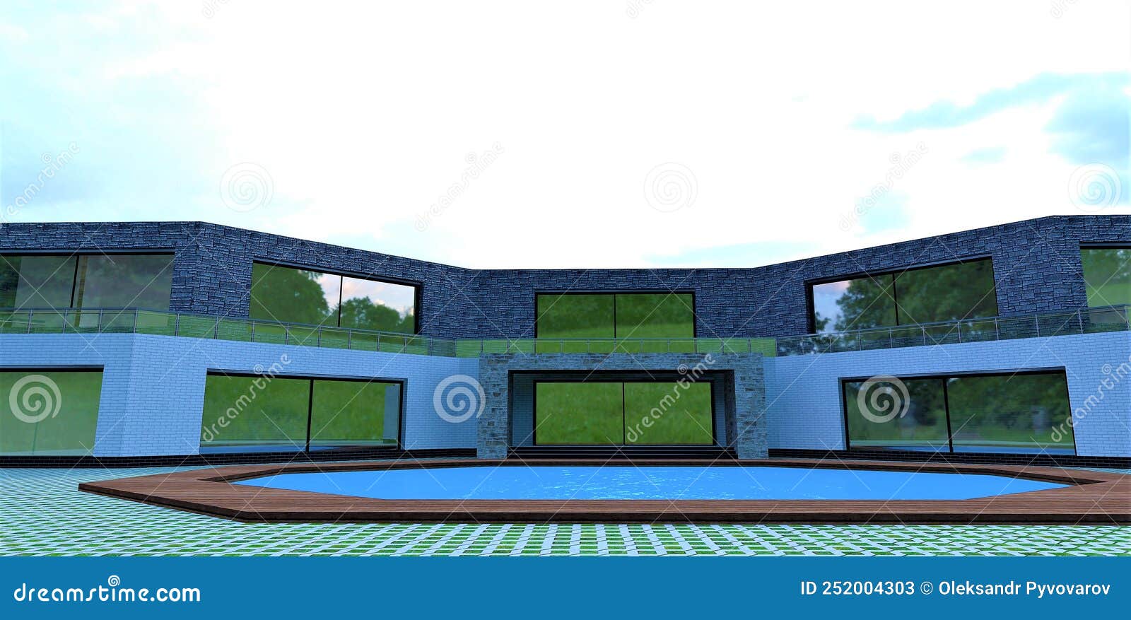 High-tech Building of an Unusual Shape. Pool with Blue Water in the ...