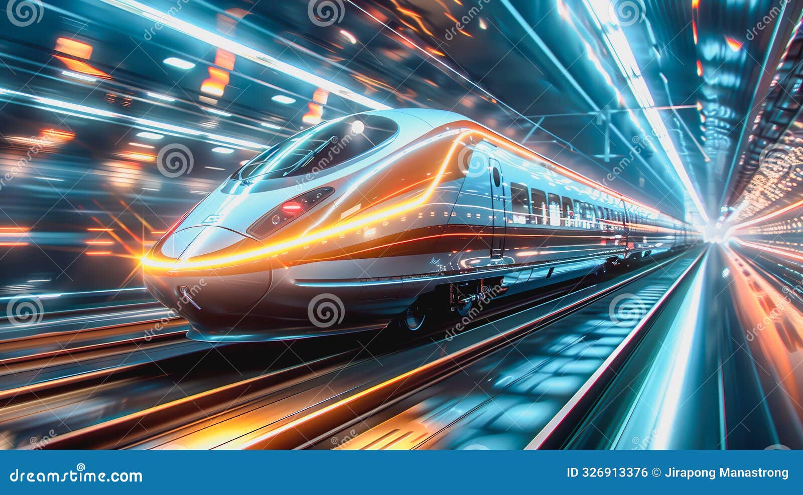 High-tech Bullet Train Speeding through Illuminated Tunnel, Sleek ...