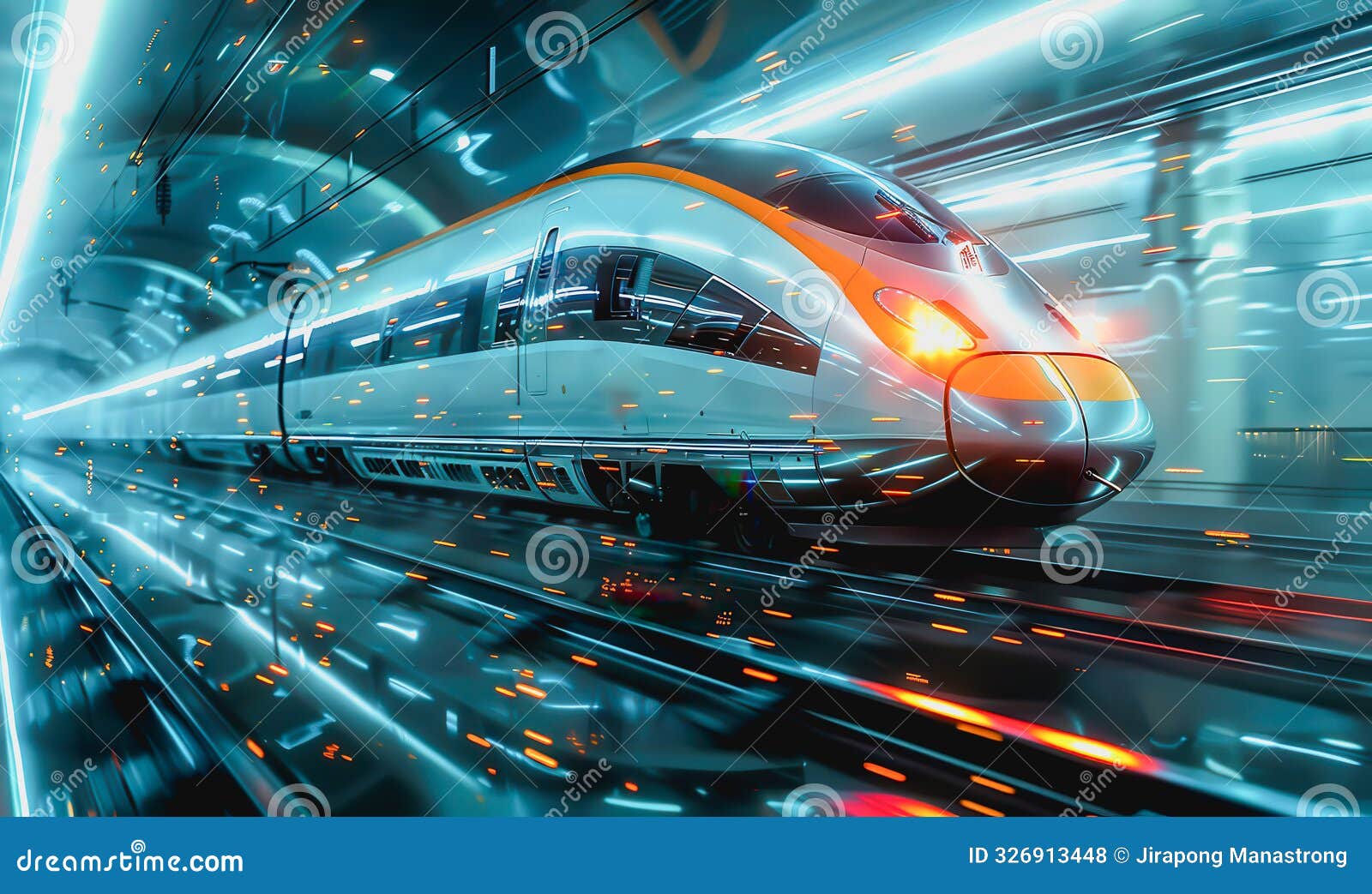 High-tech Bullet Train Speeding through Illuminated Tunnel, Sleek ...