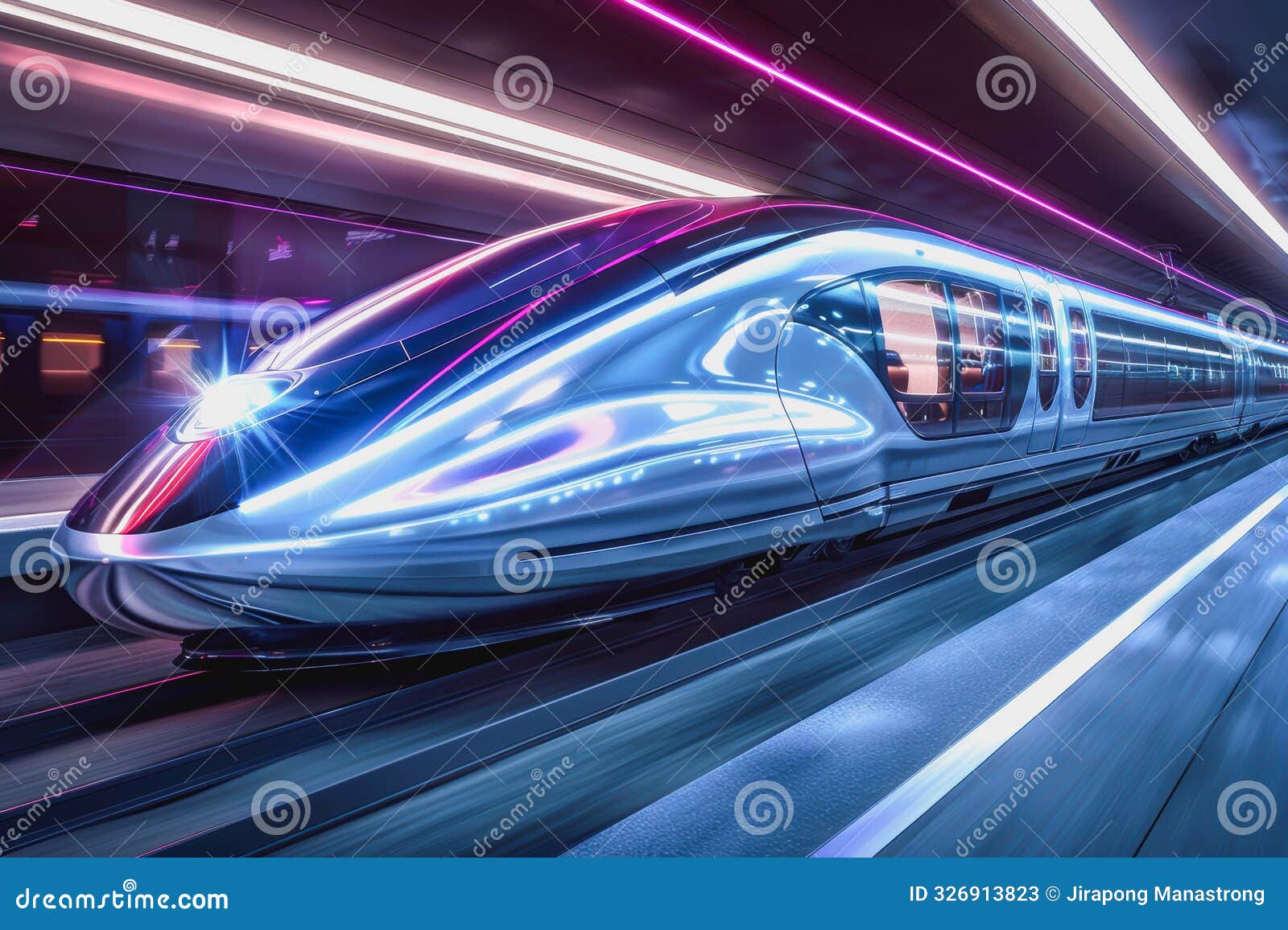 High-tech Bullet Train Speeding through Illuminated Tunnel, Sleek ...