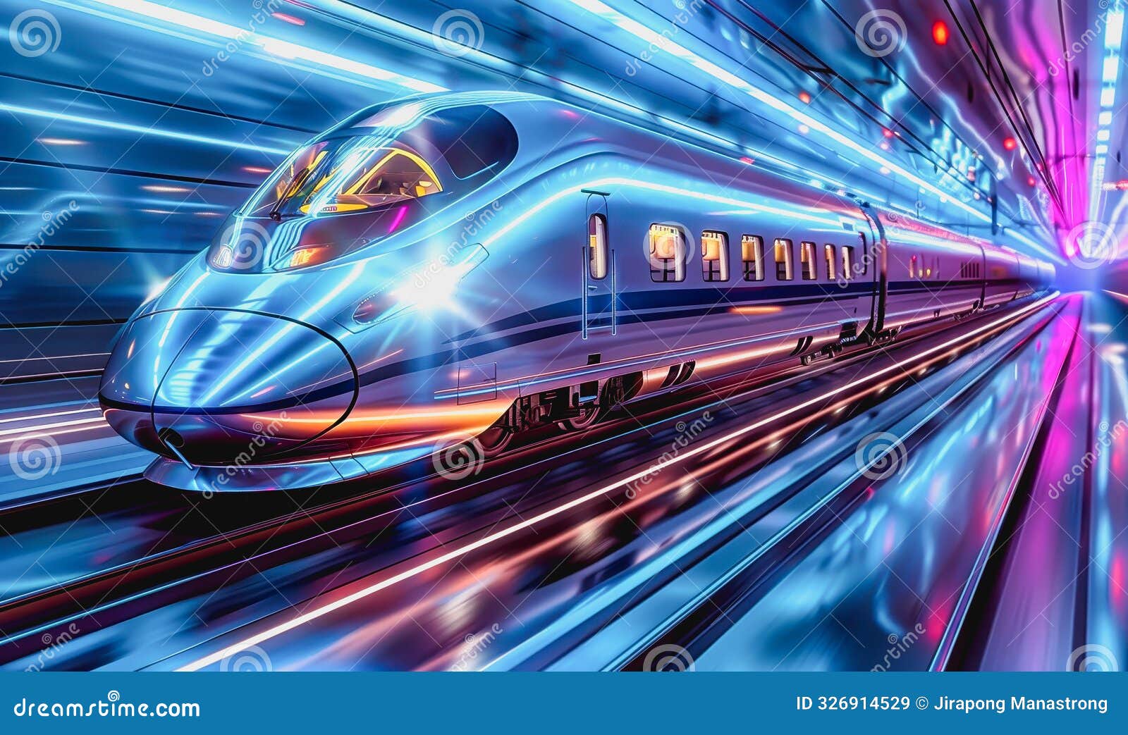High-tech Bullet Train Speeding through Illuminated Tunnel, Sleek ...