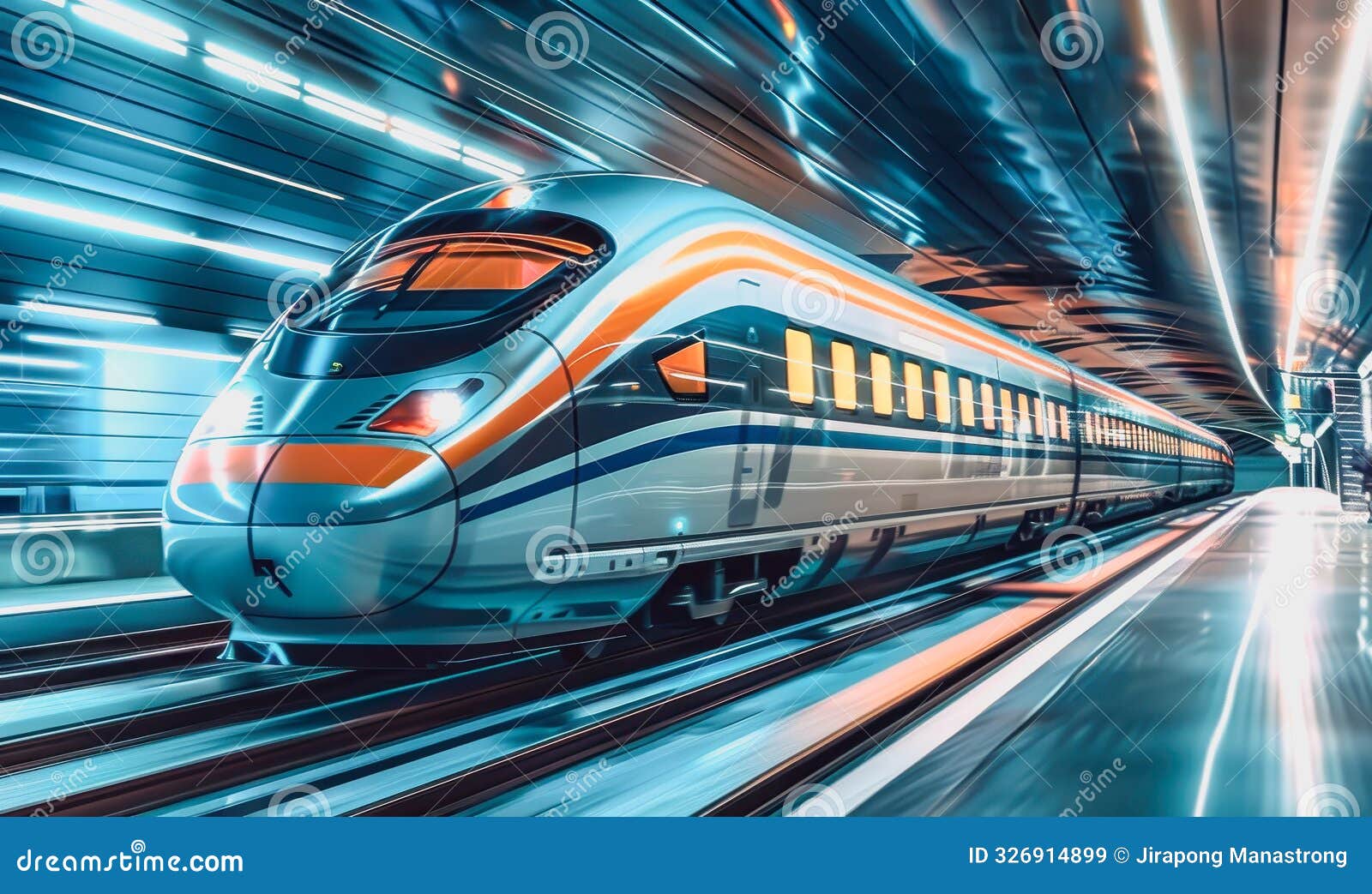 High-tech Bullet Train Speeding through Illuminated Tunnel, Sleek ...