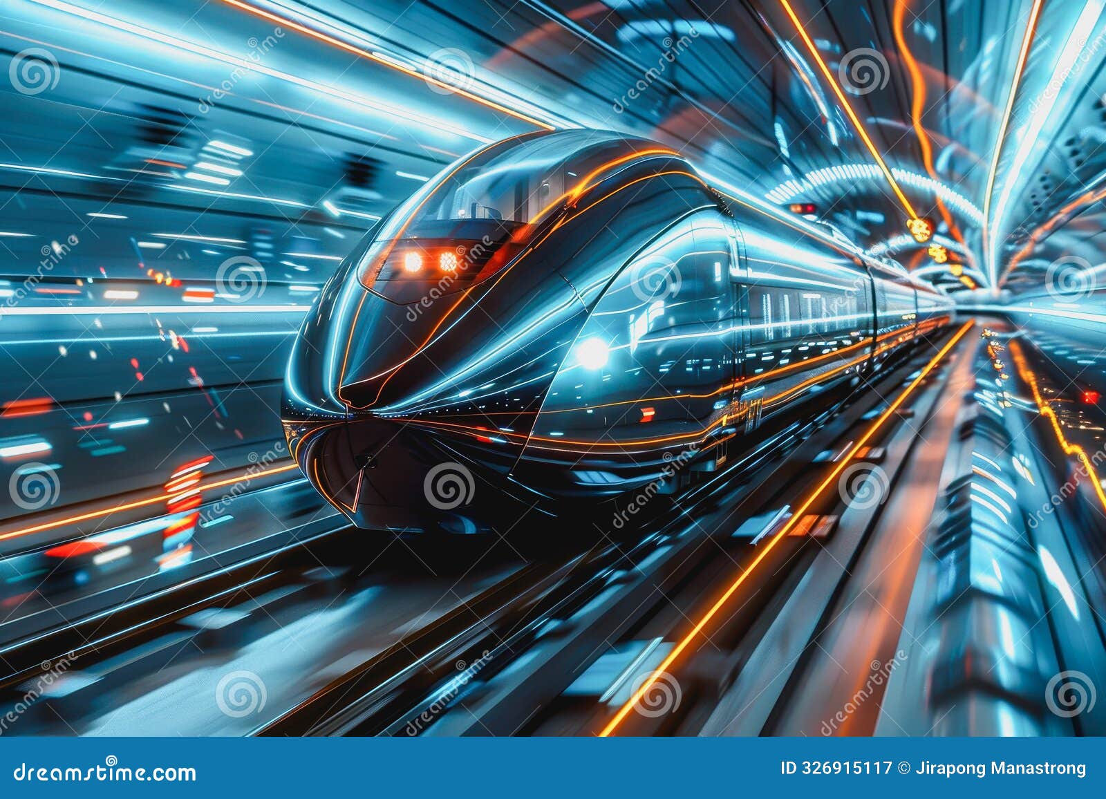 High-tech Bullet Train Speeding through Illuminated Tunnel, Sleek ...
