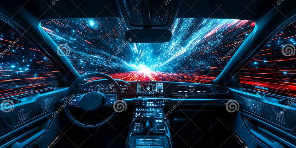 High-Tech Car Dashboard with Hyperspace Light Trails Stock Photo ...