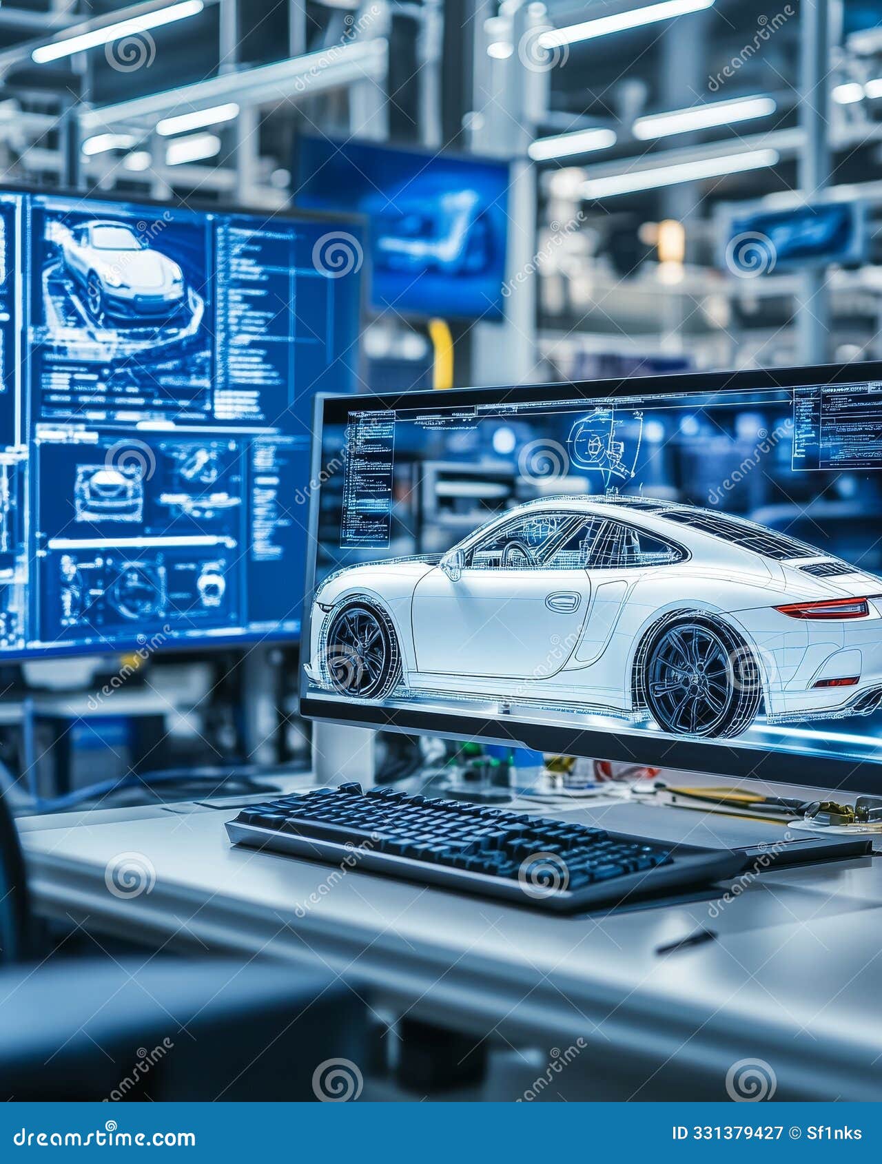 High-tech Car Design Setup Showing 3D Models and Blueprints on Monitors ...