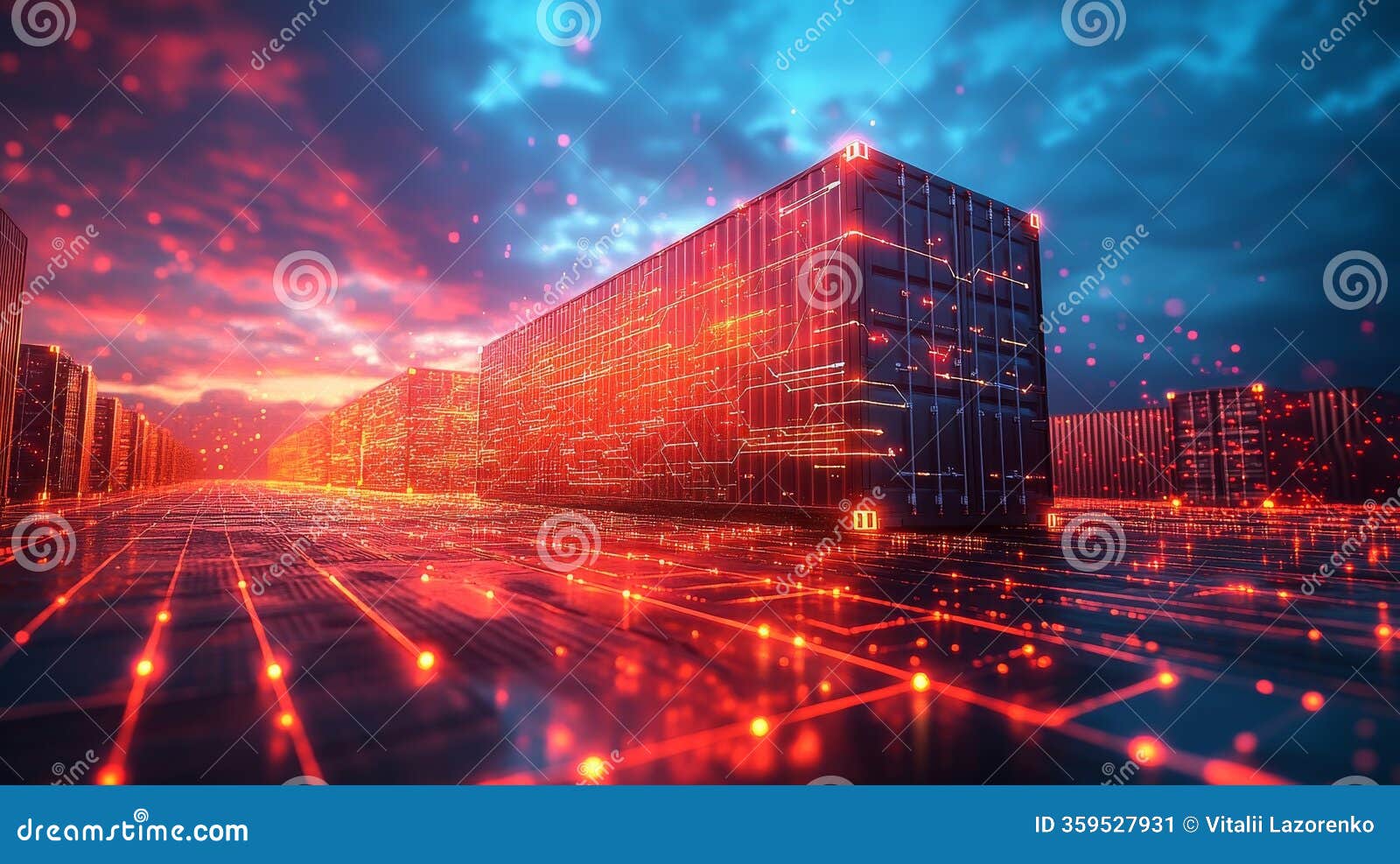 High Tech Cargo Container with Glowing Digital Network in Futuristic ...