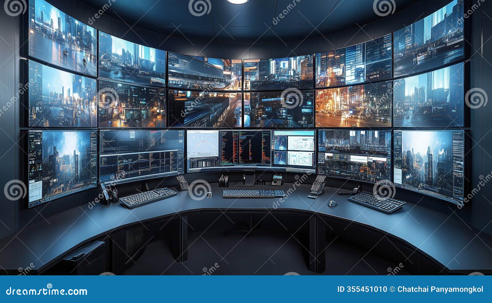 High-tech CCTV Control Room with Multiple Screens Displaying Urban ...