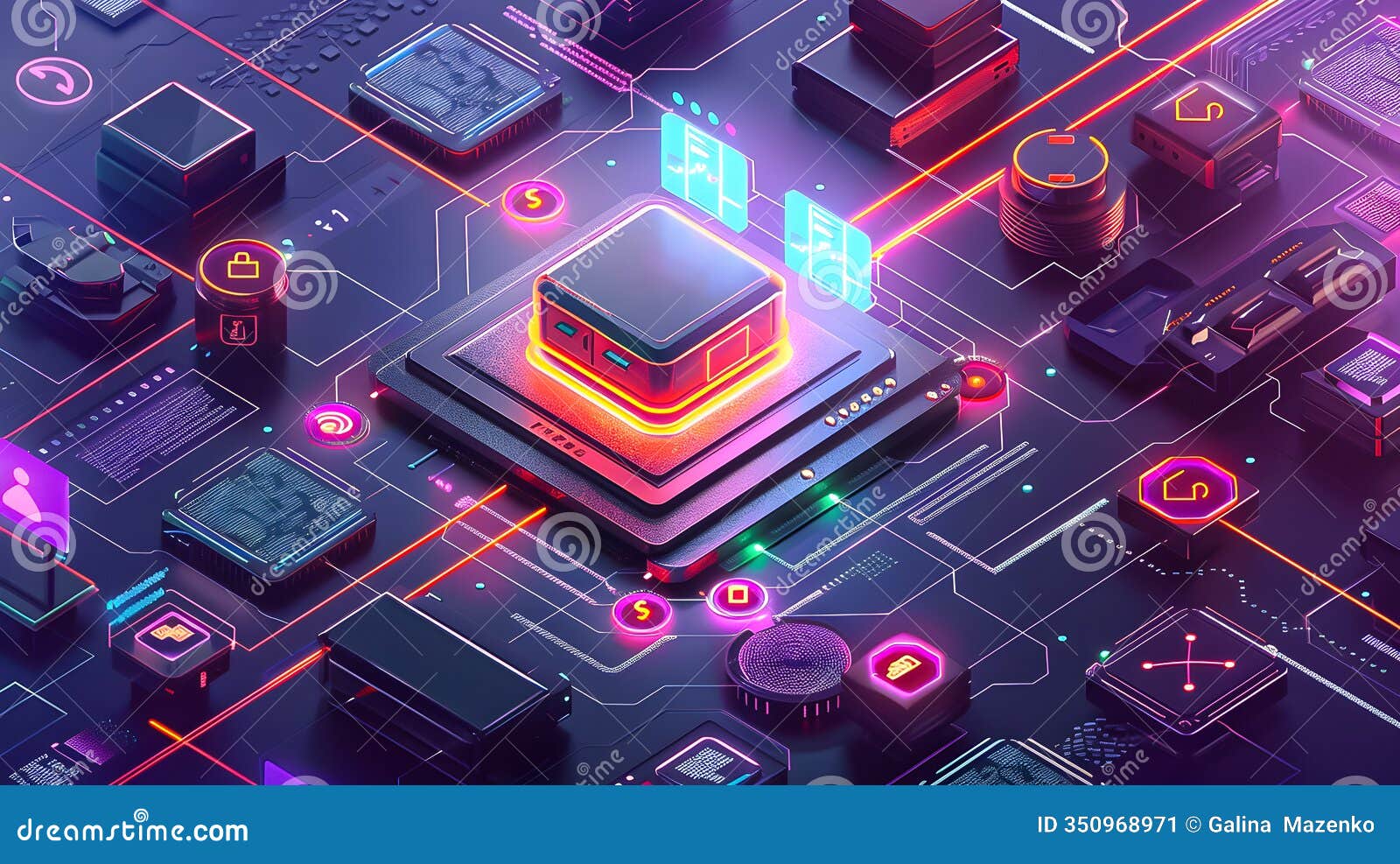 High-tech Chip with Neon Colors in a Futuristic Circuit Layout ...