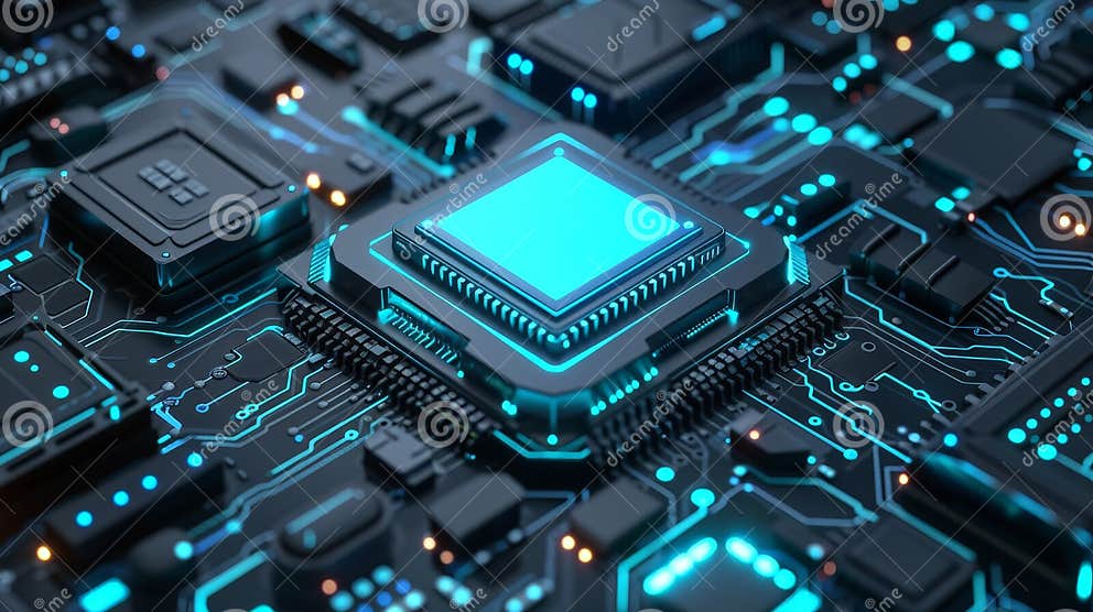 A High-tech Chip Surrounded by Glowing Blue Light and Metallic Textures ...