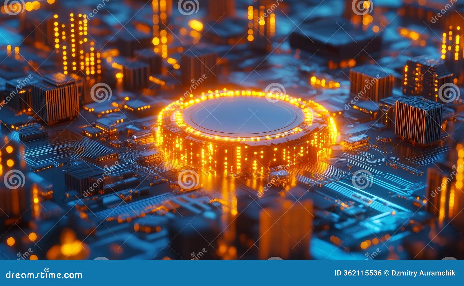A High-tech Circuit Board Featuring Glowing Parts and an Urban Skyline ...