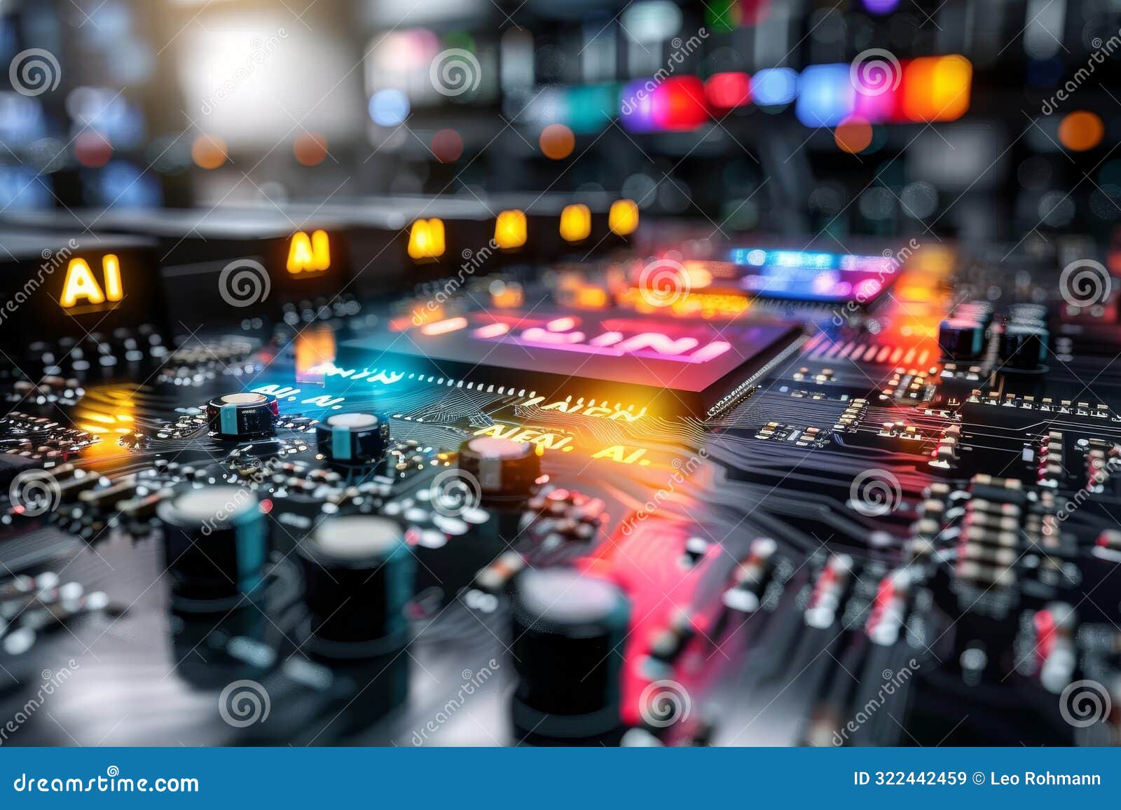 High Tech Circuit Board with Glowing AI Chips and Vibrant Lights Stock ...