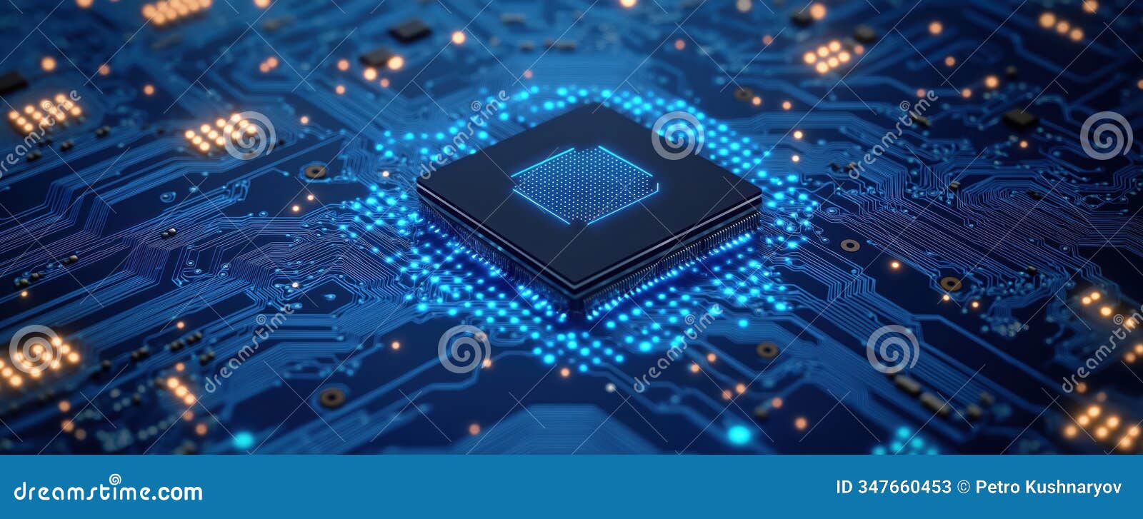CPU Chip On Blue Background. Microprocessor With Bright Connections. Abstract Light ...