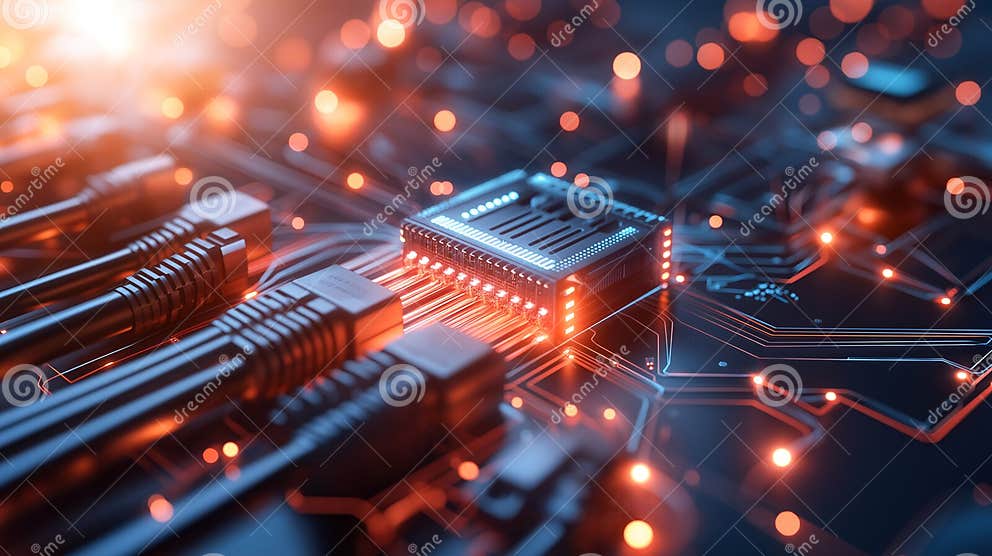 High Tech Circuit Board with Glowing Data Cables and Microchip ...