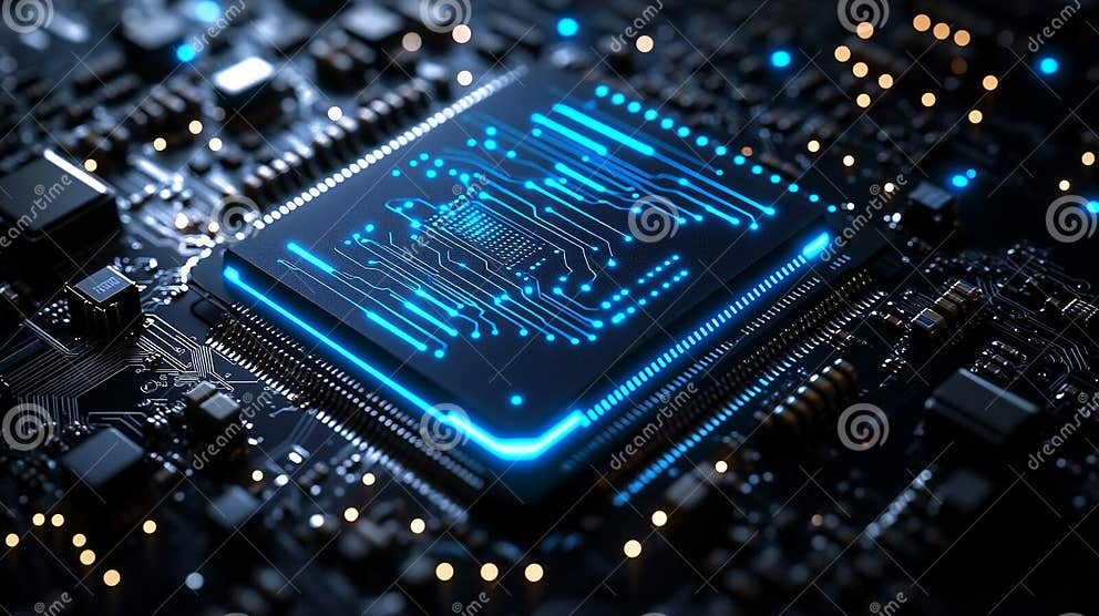 High-tech Circuit Board with Microprocessor and Glowing Blue Electrical ...