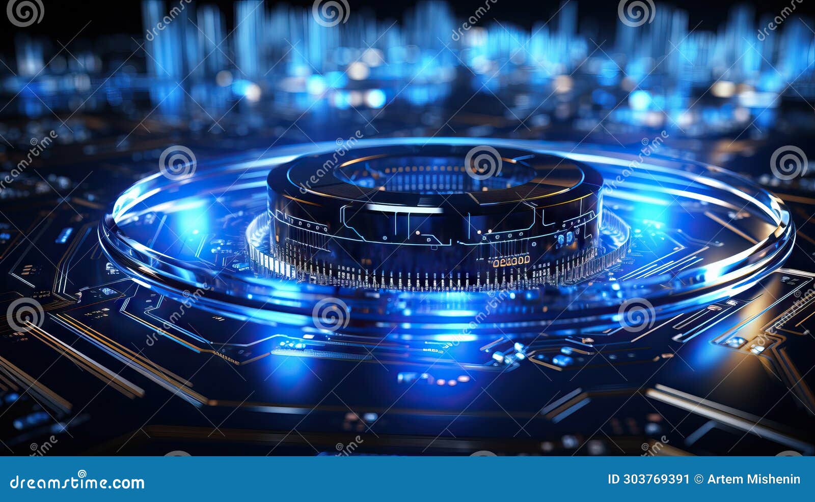 High-tech Circuit Hub Glowing with Blue Neon Lights, Symbolizing ...