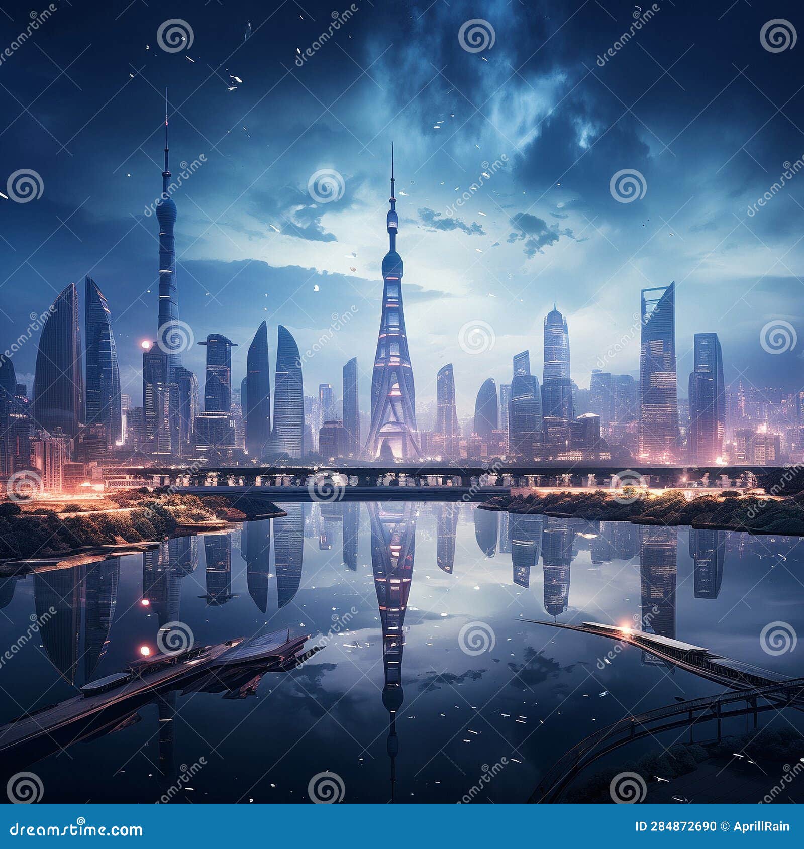 High Tech City of the Future in Blue Colors Stock Illustration ...