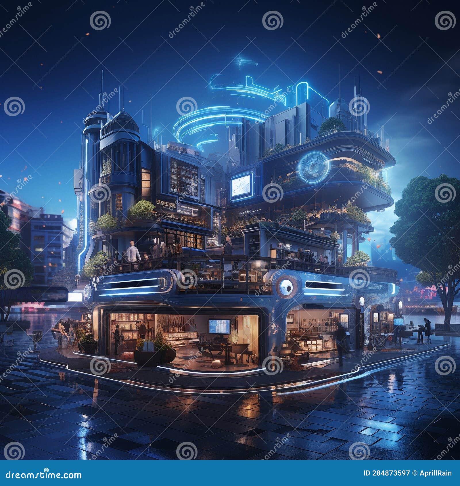High Tech City of the Future in Blue Colors Stock Illustration ...