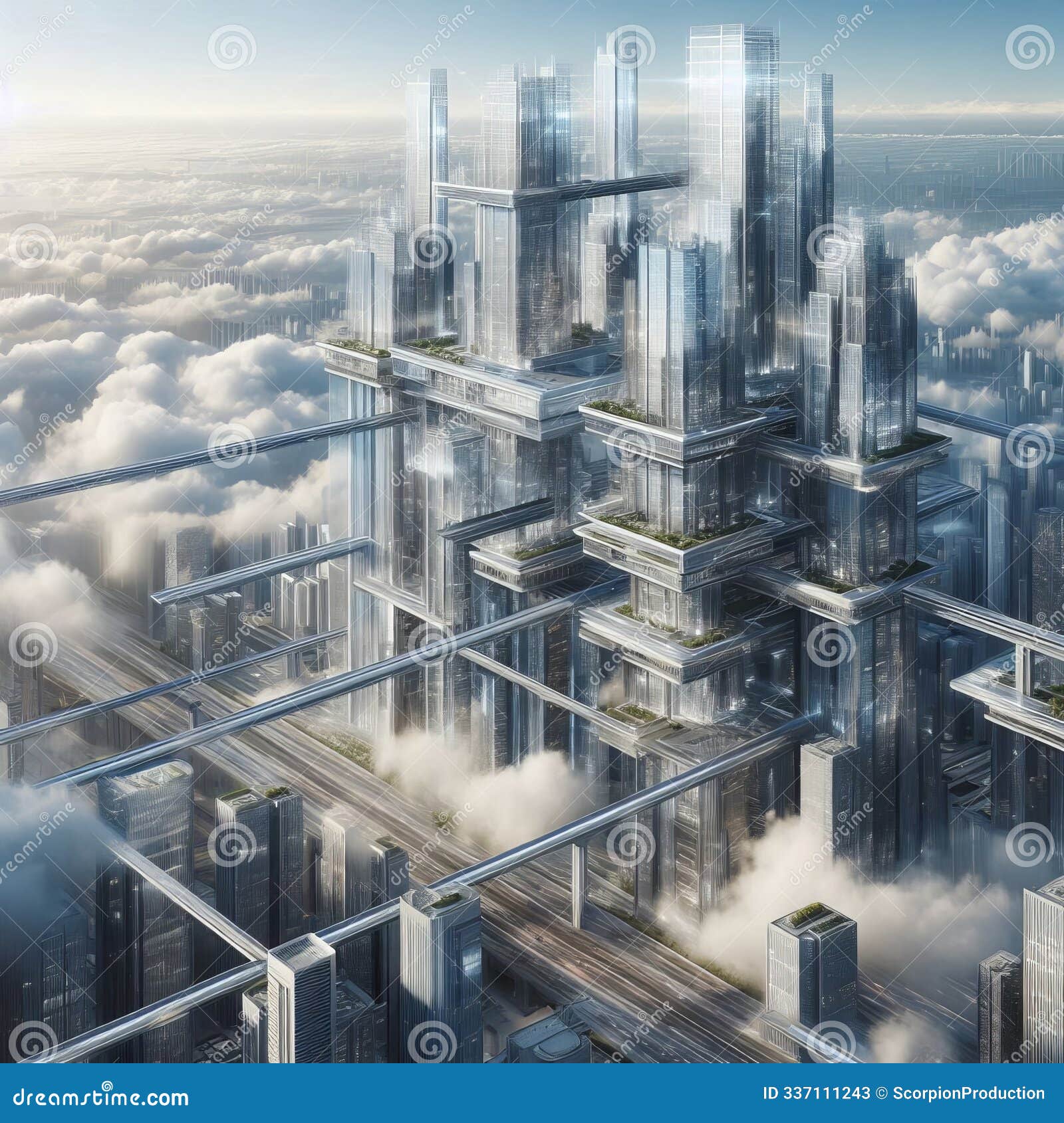 High-tech City Skyline Above the Clouds with Advanced Infrastructure Stock Image - Image of ...