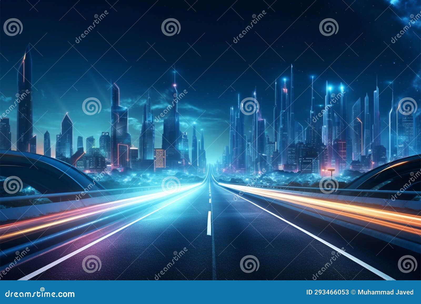 High Tech Cityscape with Glowing Roads in a Midnight Sci Fi Setting ...