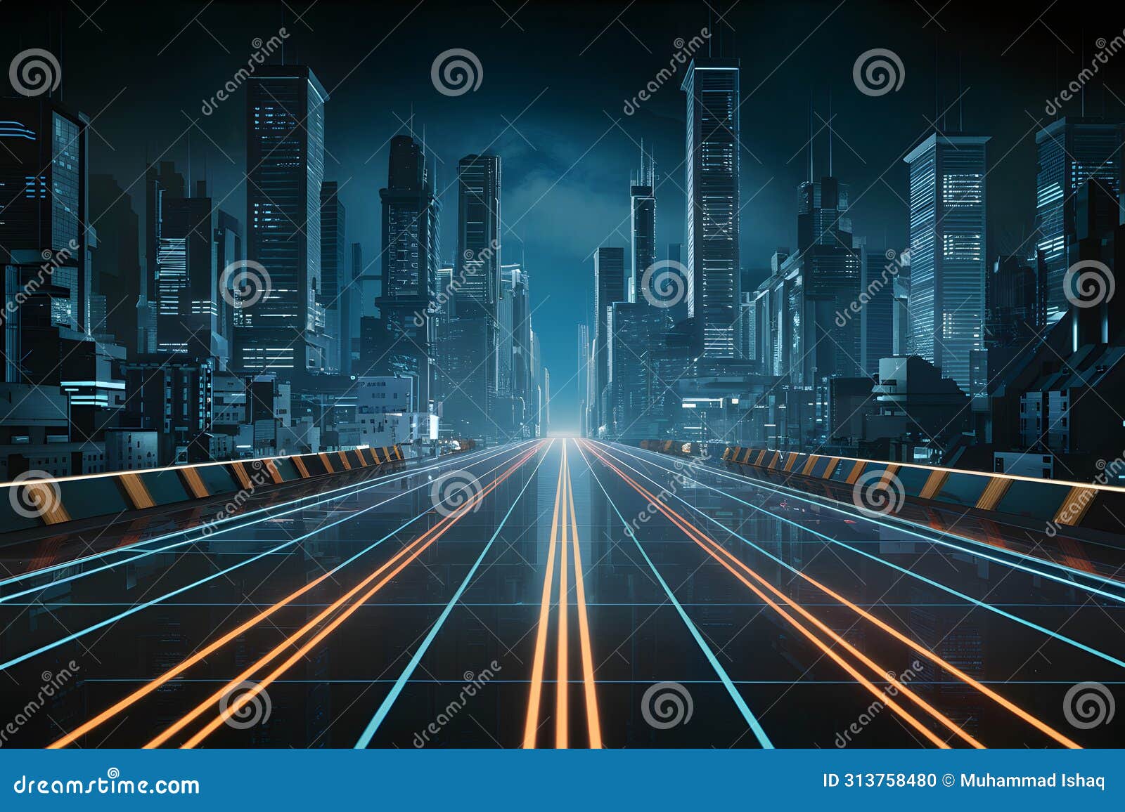 High Tech Cityscape with Glowing Roads in Midnight Sci Fi Setting Stock ...