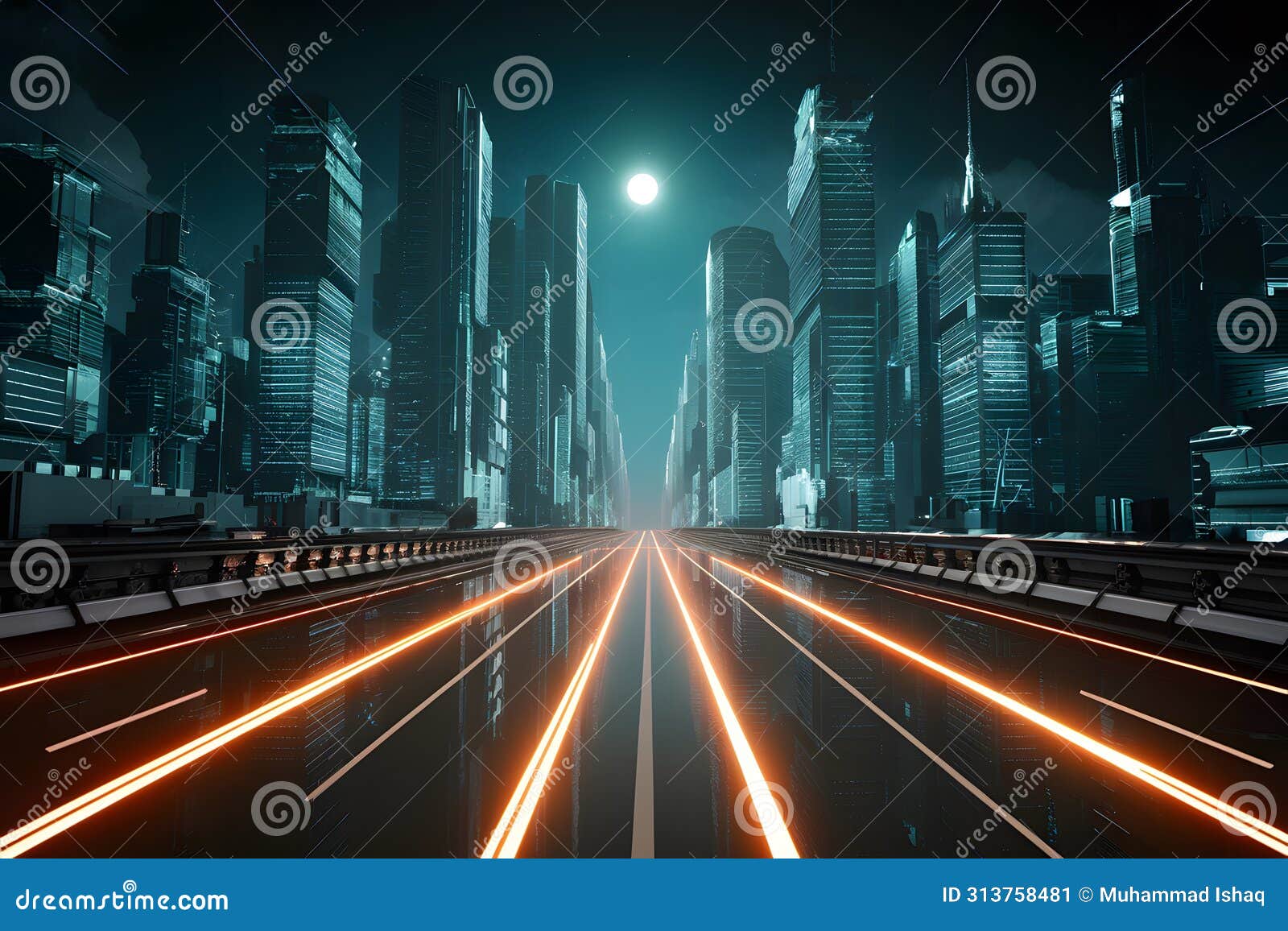 High Tech Cityscape with Glowing Roads in Midnight Sci Fi Setting Stock ...