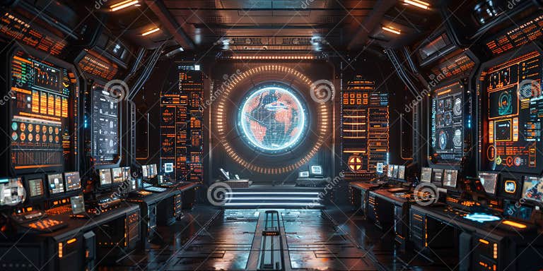 High-tech Command Center with Digital Interfaces, Holographic World Map ...