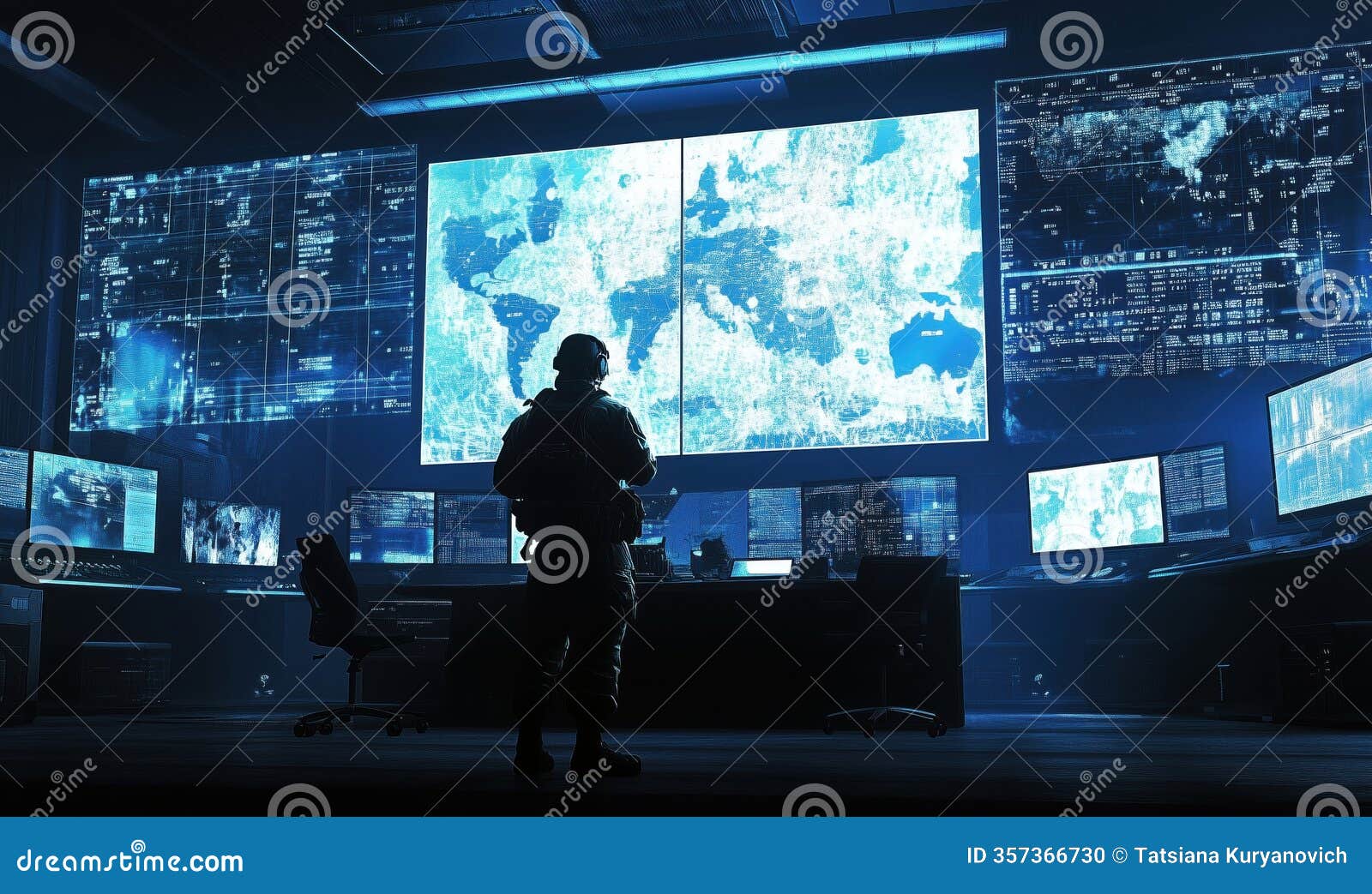 High-tech Command Center with Global Maps and Data Displays Stock Photo ...