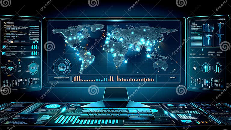 A High-tech Command Center with Multiple Screens Displaying Global Data and Analytics in a ...