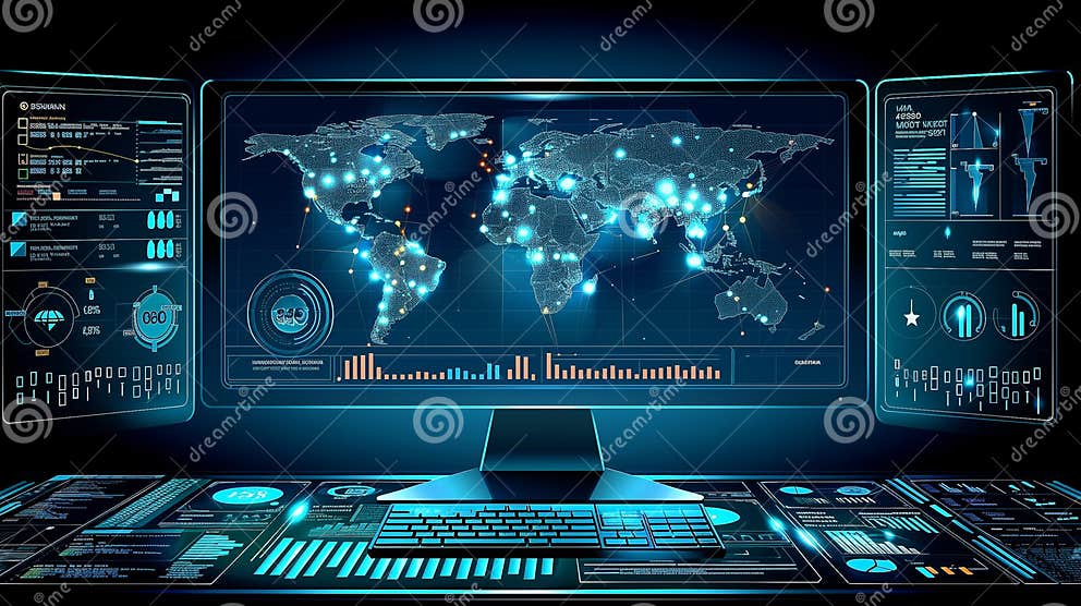 A High-tech Command Center with Multiple Screens Displaying Global Data and Analytics in a ...