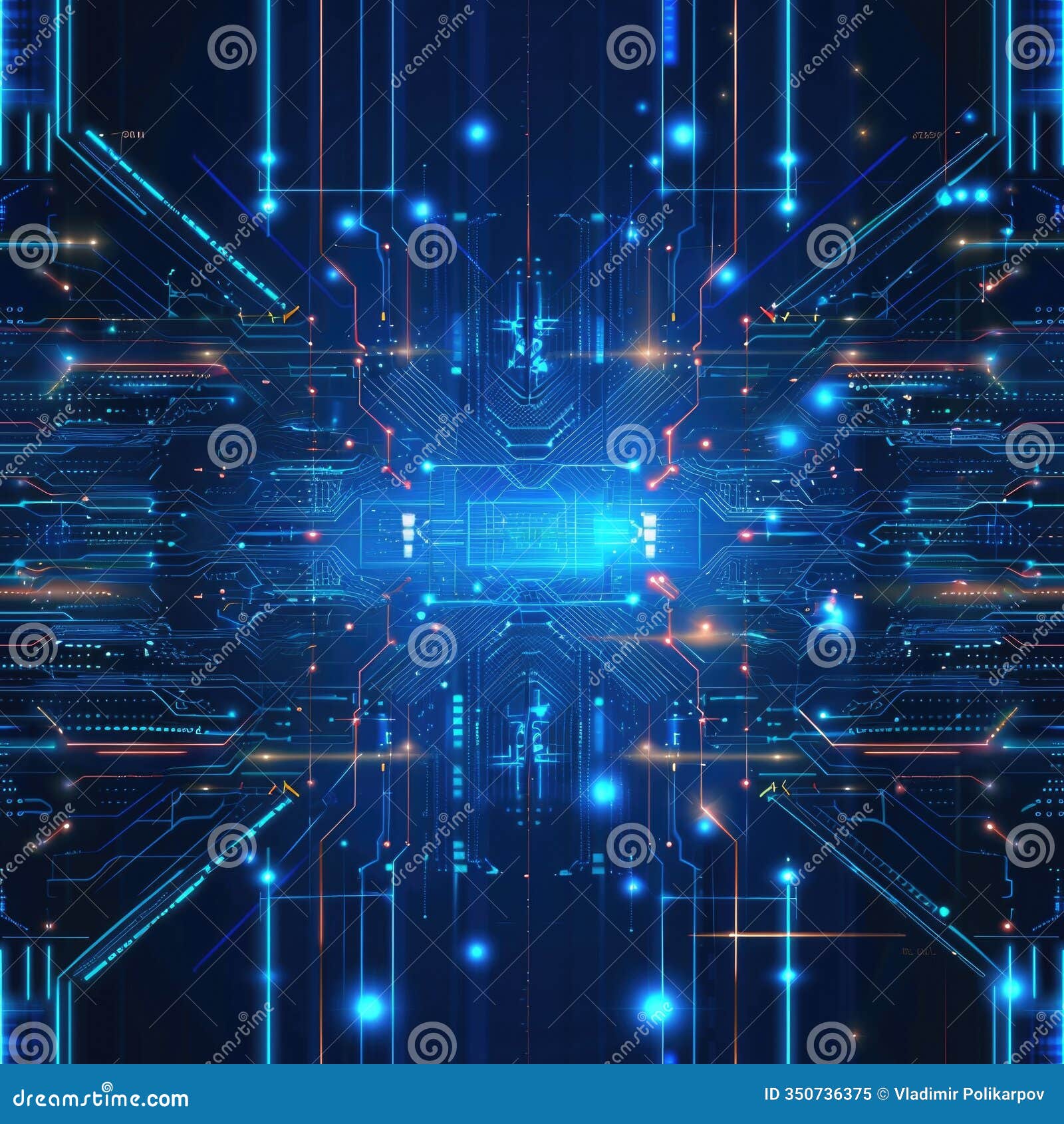High-tech Computer Circuit Board with Vibrant Blue and Orange Lights ...