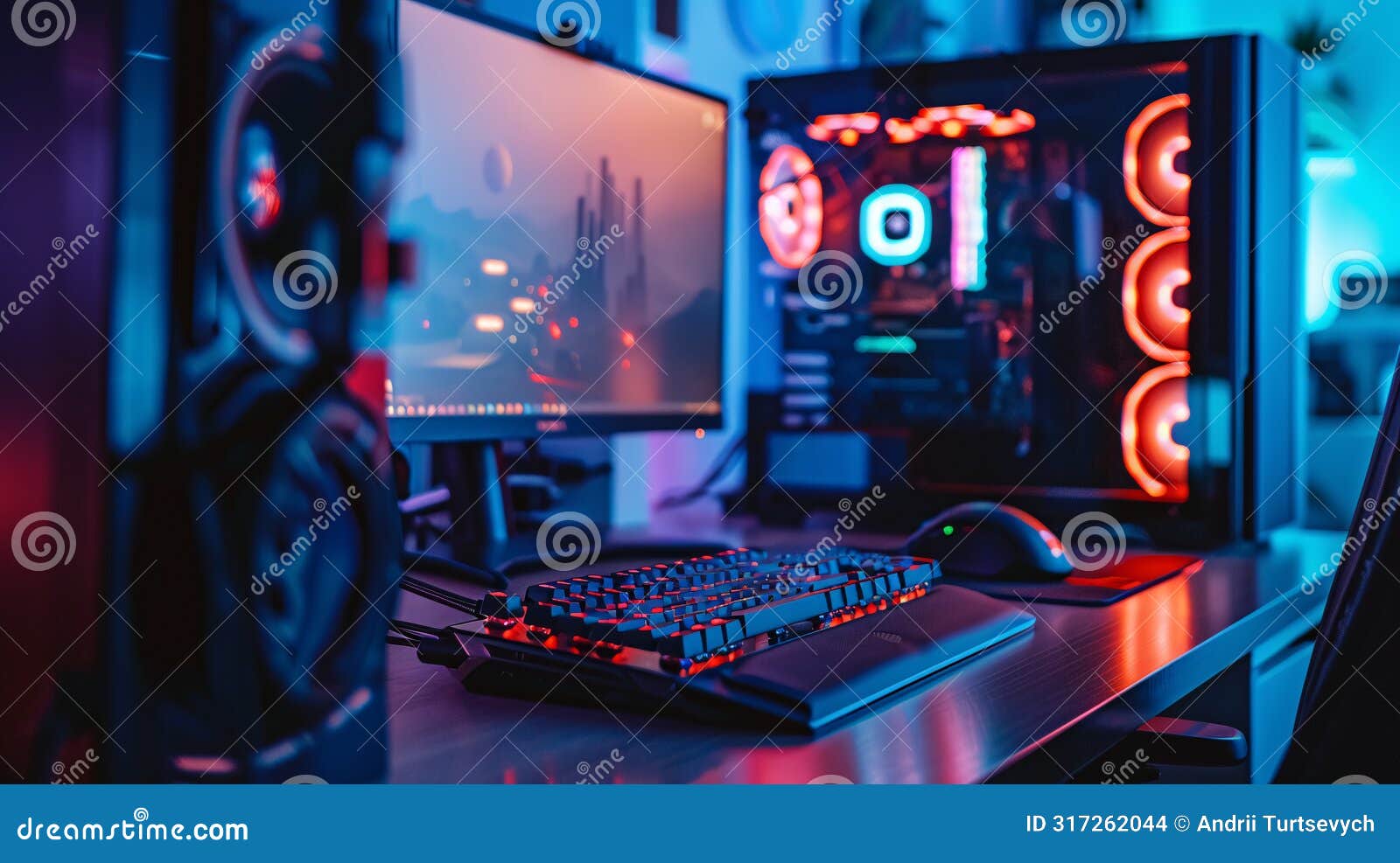High-Tech Computer Gaming Setup with Illuminated Keyboard Stock Photo ...