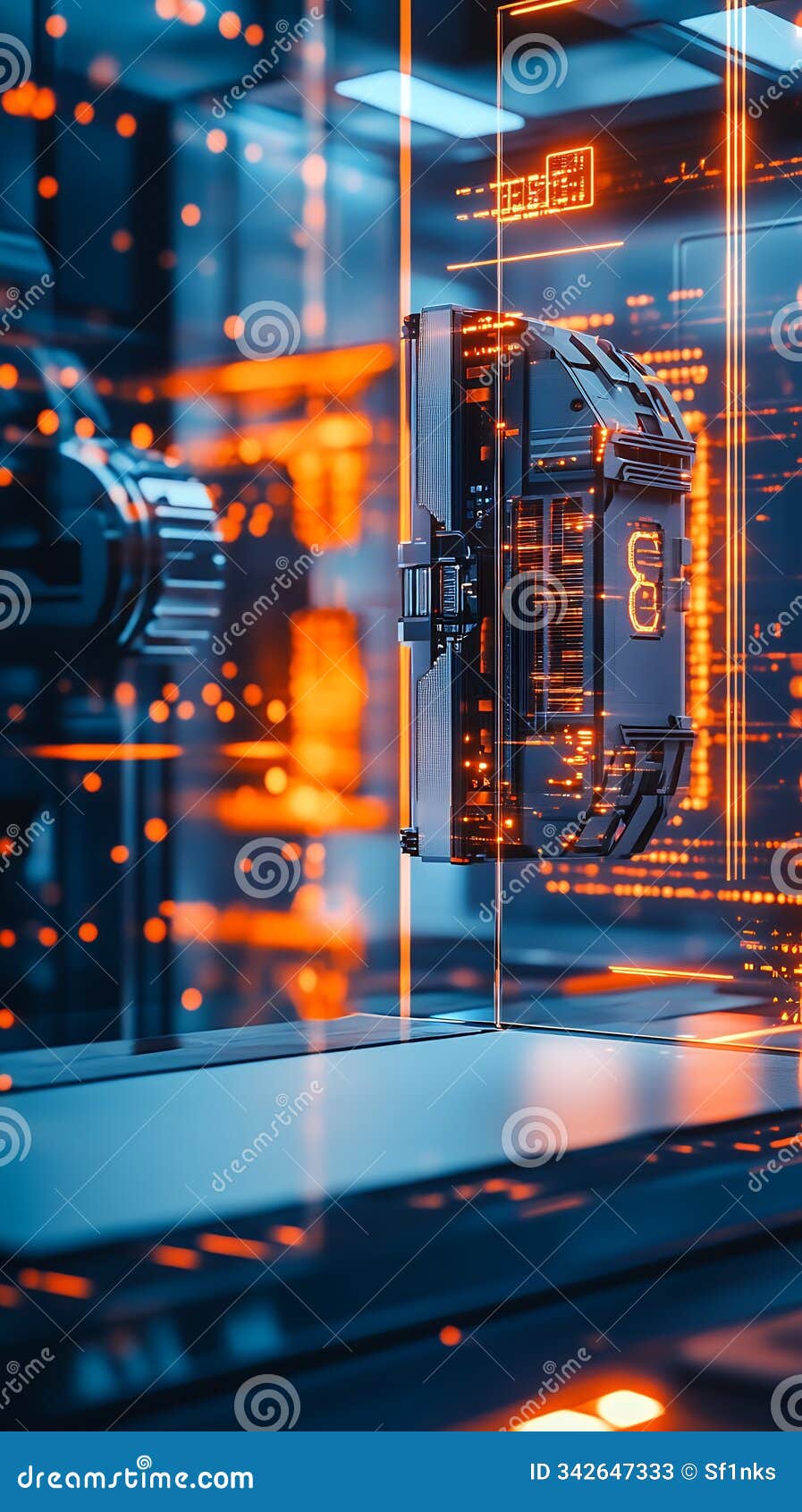 High Tech Computer Hardware Component with Neon Orange and Blue ...