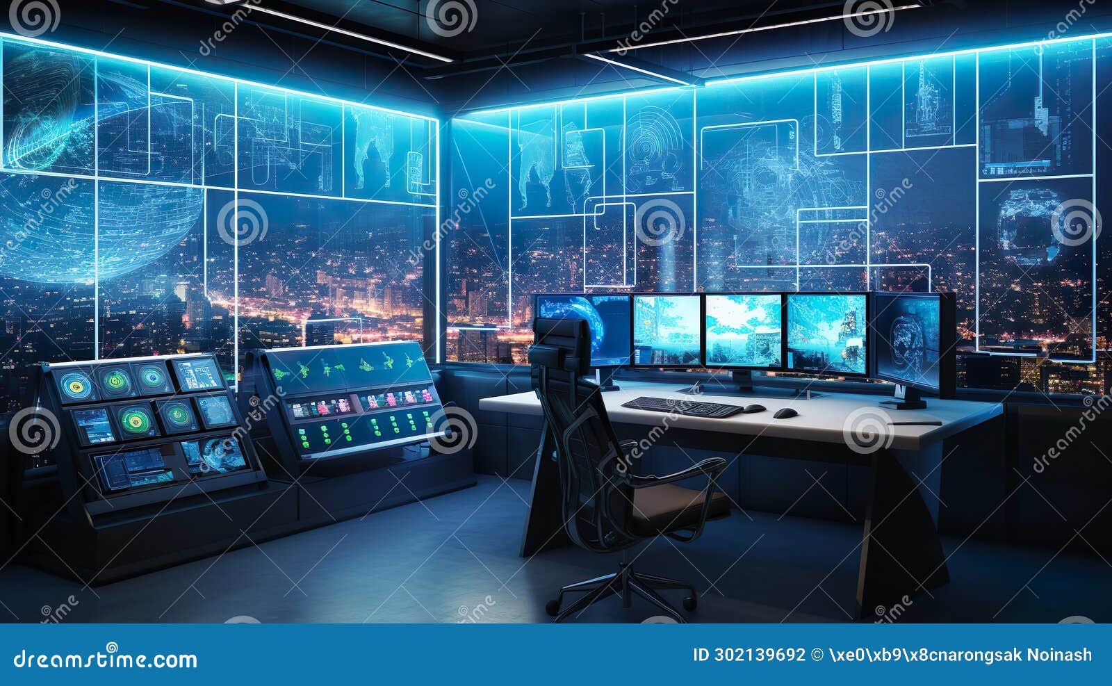 High Tech Computer Lab for Data Analytics with a Lot of Dashboards in Several Monitors ...